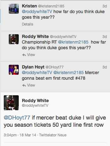 Roddy White Promised Twitter Follower 50-Yard Line Season Tix if Mercer ...